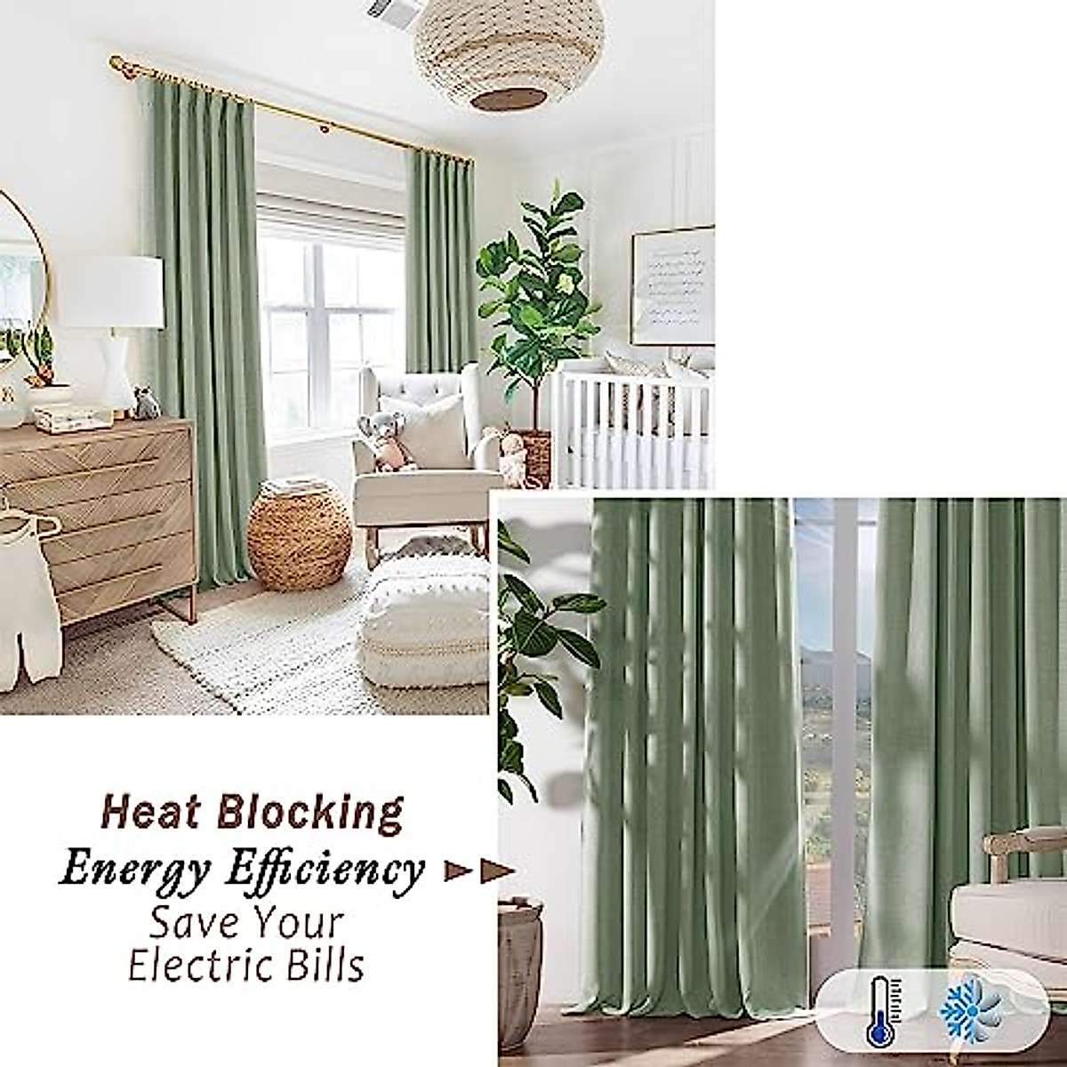 Sage Green Blackout Curtains 84 Inch Length 2 Panels Set for Bedroom Linen Aesthetic Boho Greyish Light Green Window Room Darkening Curtains for Living Room Kids Boys Room,Back Tab Pleated,84 In Long