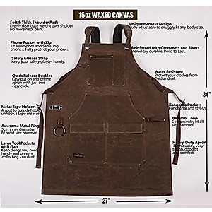 Woodworking Shop Apron - 16 oz Waxed Canvas Work Aprons | Metal Tape holder, Fully Adjustable to Comfortably Fit Men Size S to XXL | Tough Tool Apron to Give Protection, Ideal Fathers Day GIft for Dad