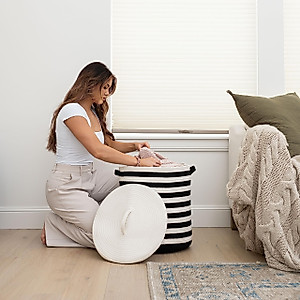 17 x 16in Large Striped Cotton Blanket Basket with Lid - Perfect for Toy Storage, Clothes Hamper, & Laundry Basket, Woven Baskets for Nursery Decor and Baskets for Organizing, Black and White