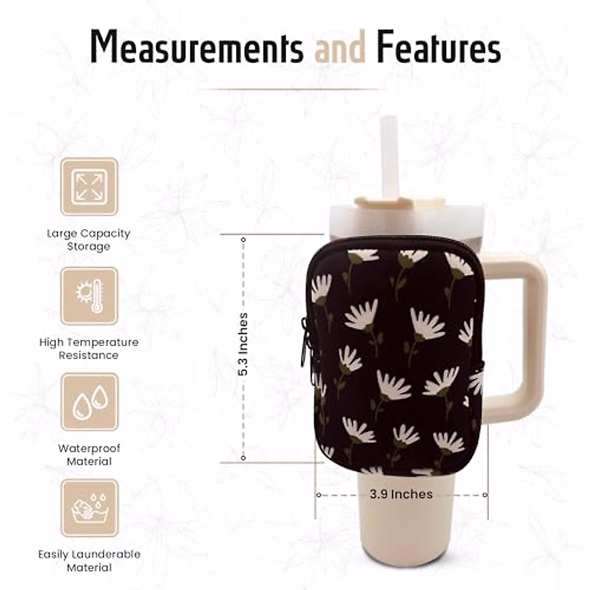 NOLI JUNE - Black Floral Neoprene Pouch for Stanley Quencher 18oz to 40oz - Adjustable Strap, Zipper Closure, Unisex Travel Accessory - Water Bottle Tumbler Carrier