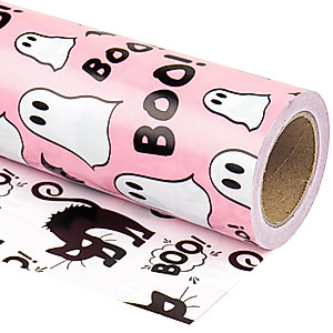 WRAPAHOLIC Halloween Reversible Wrapping Paper Roll - Mini Roll - 17 Inch X 33 Feet - Ghosts and Black Cats Design, Perfect for Halloween Decorations, Holiday, Party