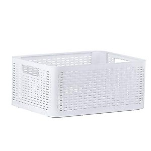 Superio Woven Plastic Storage Basket Box with Handles- Wicker Home Organizer Shelf Bins for Closet- Use for Socks, Jeans, Undershirts, Belts, Accessories (20 Quart, White)