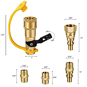 1/4" RV Propane Quick Connect Fittings Adapter Kit, Premium Brass Shutoff Valve & Full Flow Plug & 3/8" Female Flare & 1/4" Female & Male NPT for Natural Gas Quick On or Off, RV, Trailer, BBQ