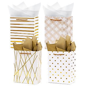 Nihuecne 9" Gift Bags Medium Size with Tissue Paper, 4 Pack White Gold Wrap Paper Gift Bags with Handles for Shopping Parties Wedding Baby Shower Holiday Presents 4 Designs