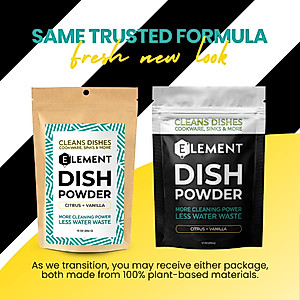 ELEMENT Dish Powder | Grease-Fighting Dish Soap | No Harsh Chemicals, Liquidless, Plastic-Free | Plant-Based Pouch and Scoop (Citrus + Vanilla, 10 OZ Pouch)