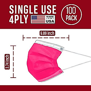 4-Ply Breathable Disposable Face Mask - Made in USA - Comfortable Elastic Ear Loop Multiple Colors (10, Hot Pink)