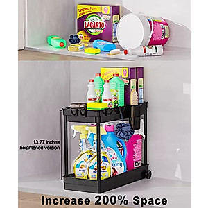 Fowooyeen Under Sink Organizers and Storage, Bathroom Organization Cabinet with Hooks Hanging Cup, Multi-Purpose Sliding Countertop Storage Shelf for Bathroom and Kitchen Semi-Transparent