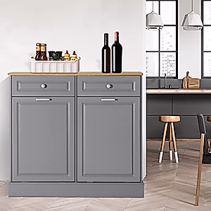 Anbuy Double Kitchen Trash Cabinets Dual Tilt Out Trash Cabinet with Two Solid Wood Hideaway Trash Holder Drawers, Free Standing Recycling Cabinet Trash Can Holder (Dual Gray)