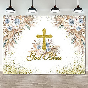 Wollmix 1st First Communion Baptism Decorations Backdrop 7x5ft God Bless Holy Communion Banner Christening Gold Dots Boho Florals Photography Background Baby Shower Banner Photo Booth Props