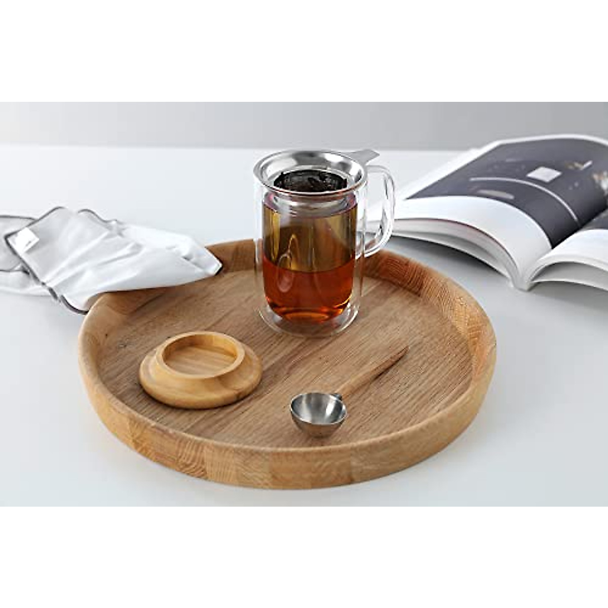 VIVA Minima Double Wall Glass Balance Tea Mug with Mesh Infuser and Wood Lid- 500 ml / 17 oz
