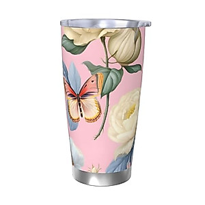AYCZN Butterfly White Flower 20 OZ Tumbler Stainless Steel Travel Coffee Mug, Romantic Floral Insulated Water Bottle with Lid and 2 StrawsLeakproof Thermal Cup