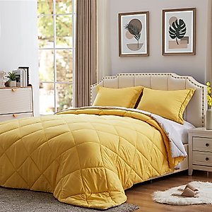 NexHome Lightweight Comforter Set King Size, Down Alternative Solid Comforter Set Thin Microfiber Reversible Summer Bedding Comforter with 2 Pillow Sham (King, Yellow/Light Grey)