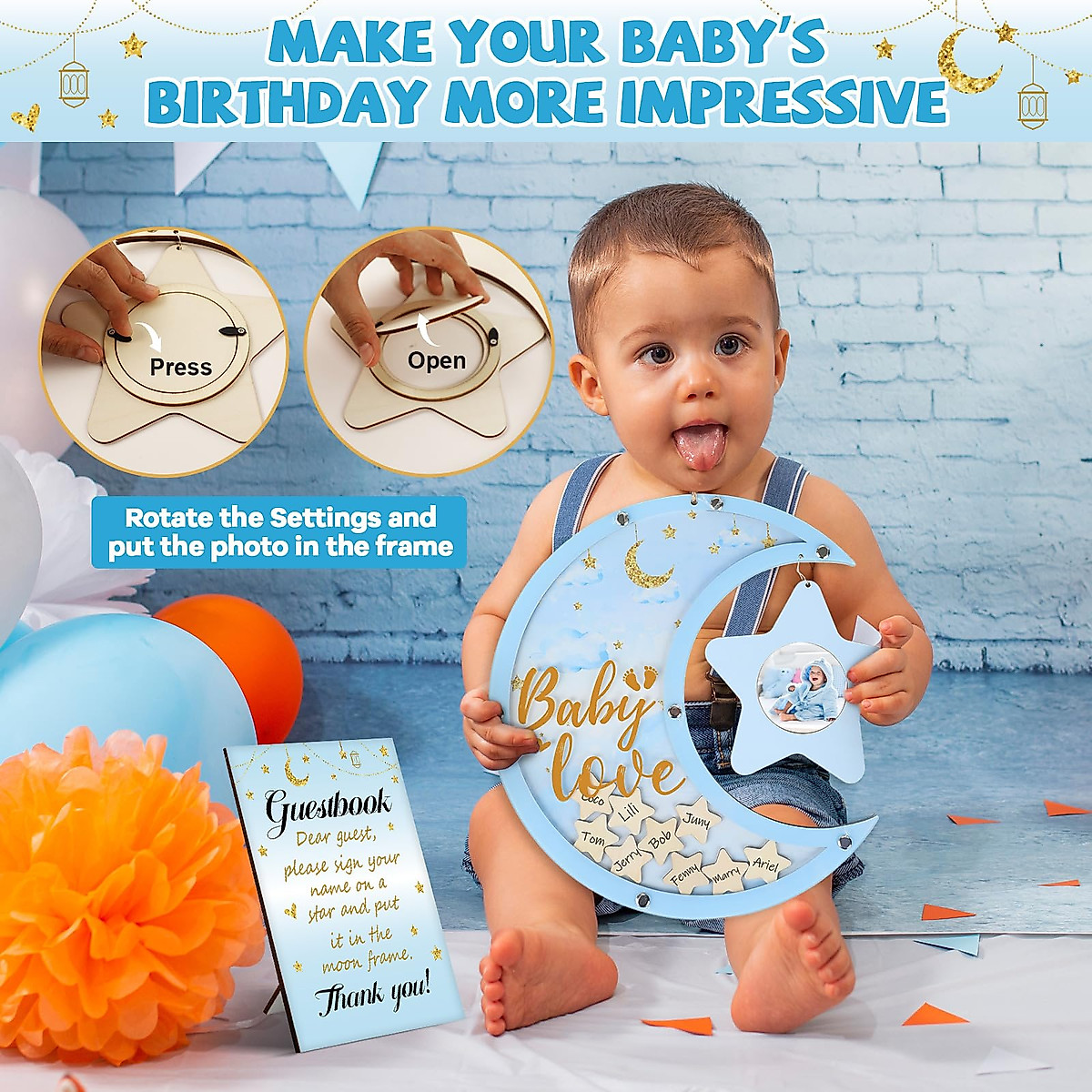Baby Shower Guest Book Alternatives Moon Guest Book for Baby Shower Guest Book Frame with Star Baby Shower Decorations Guest Book Alternative for Wedding Boys Girls Birthday Party Keepsake(Blue)