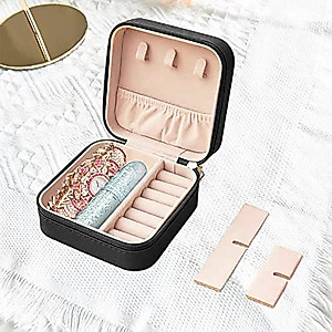 Soddeph Travel Jewelry Box, Mini Portable Organizer Travel Case with Zipper, Faux PU Leather Small Storage Boxes for Rings, Earrings, Necklaces, Bracelets, Gift for Women Girls (Square-Black)