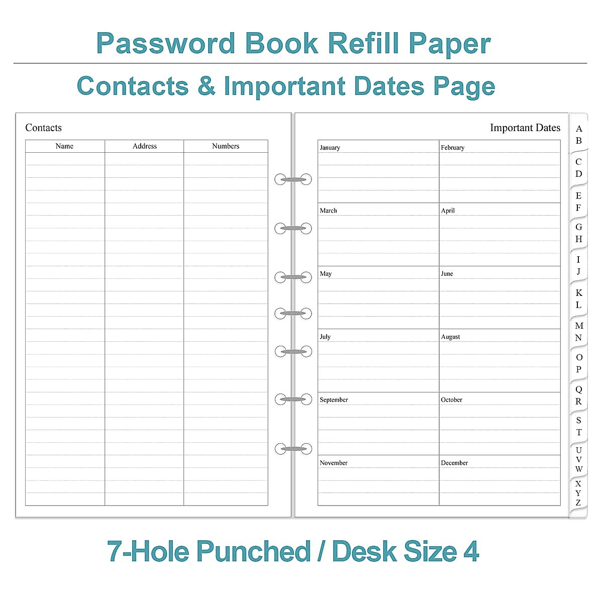 Password Book Refills - A-Z Password Notebook Refill Paper with Alphabetical Tabs, 120gsm White Paper, 7-Hole/Desk Size 4, 5.8" x 8.3"