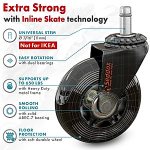 Professional Office Chair Wheels Gift Set of 5 Black - Protect All Your Floors - 3'' Heavy Duty Replacement Rubber Desk Chair Casters - Best Protection for Your Hardwood Floors