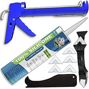 White Silicone Sealant + Caulk Gun + Caulking Tool Kit - All-Purpose 100% Silicone Caulk (10 oz Tube), with Dripless Gun, 3-in-1 Scraper/Smoothing Tool, Multi-Use Handheld Finishing and Scraping Tool