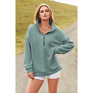 PRETTYGARDEN Women Causal 1/4 Zip PulloverLong Sleeve Collar Sweatshirts Solid Activewear Running Jacket (Green, Large)