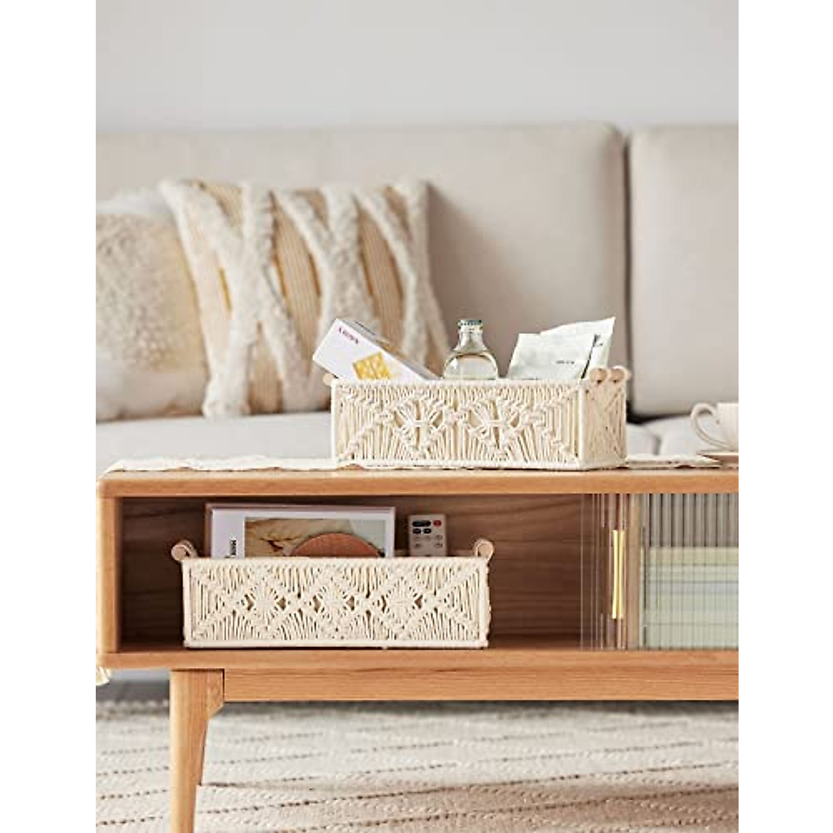 Taufey Macrame Storage Baskets Boho Decor Box Handmade Woven Decorative Countertop Toilet Tank Shelf Cabinet Organizer for Bedroom Living Room Nursery, Set of 2
