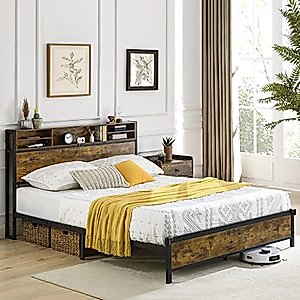 Alohappy Full Size Bed Frame with Bookcase Headboard, Metal Platform Bed Frame Full with Headboard Double Support Legs 13 Metal Slats Support,Easy Assembly Noise Free No Box Spring Needed