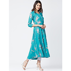 Tissu Women's Rayon Turquoise Floral Printed A-Line Kurta (1937_Blue_S)