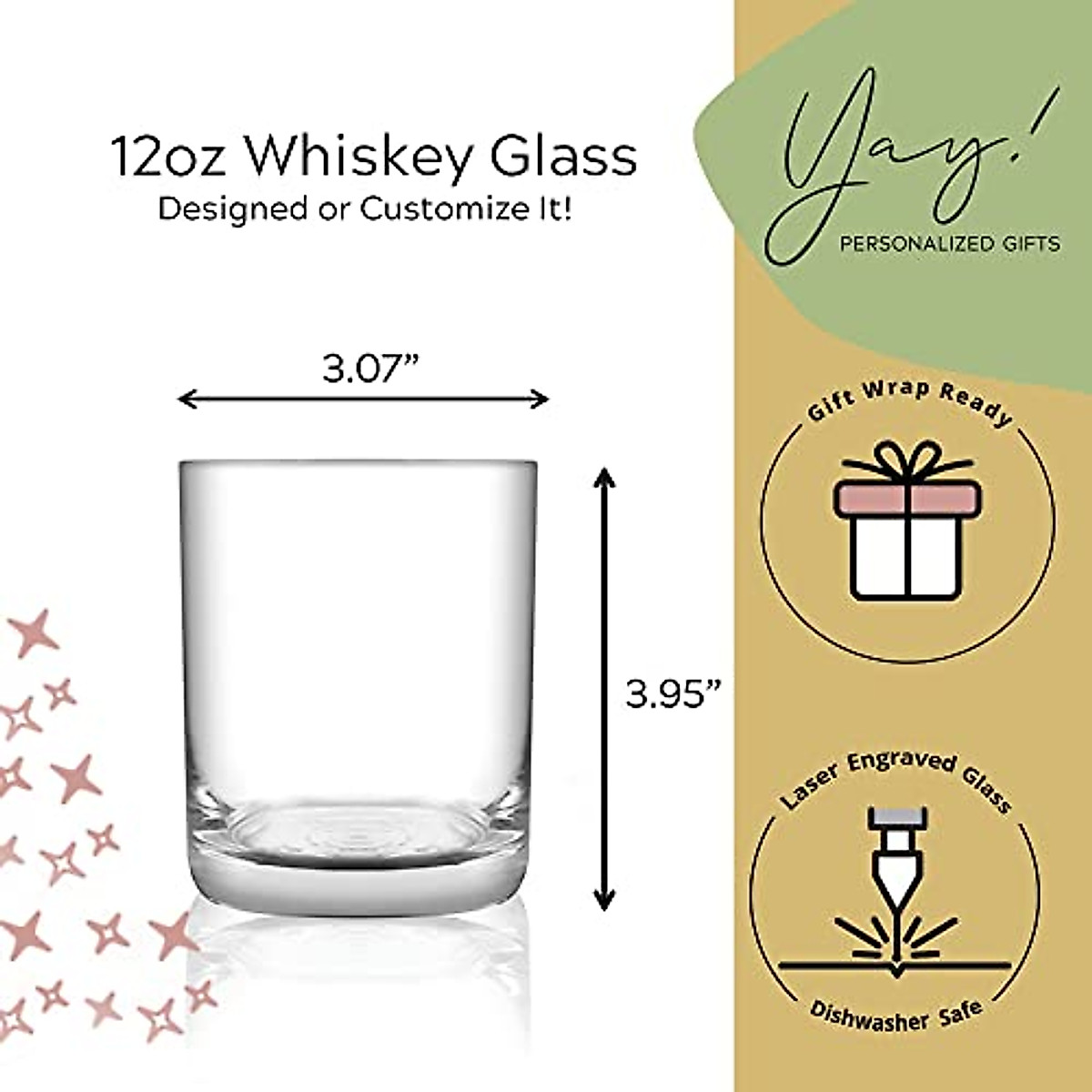 Personalized Whiskey Glass Engraved with Your Custom Text -12oz Customized Glass for Old Fashioned, Cocktails or Bourbon