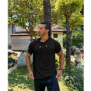 Zaitun Men's Short Sleeve Hoodie Shirt Casual Waffle Knitted Pullover Sweater Black