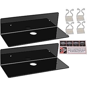 Kamtop Acrylic Floating Wall Shelves Set of 2 with Cable Clips Small Display Shelf Adhesive Display Shelves for Alarm Clock Wireless Speaker Video Games