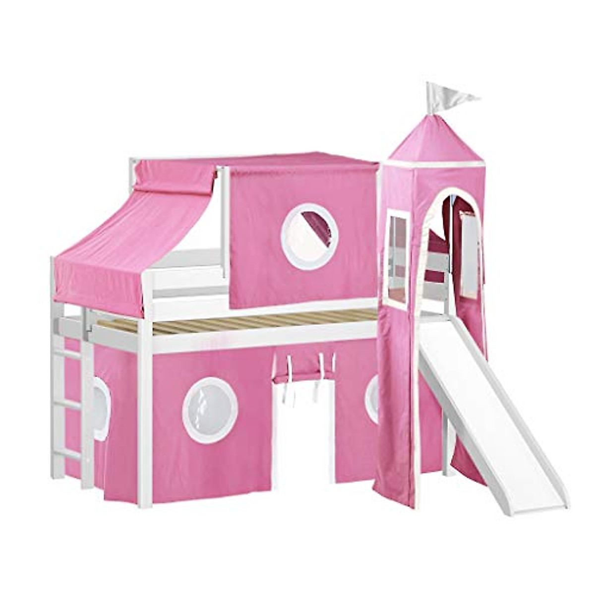 JACKPOT! Princess Low Loft Bed with Slide, Pink and White Tent and Tower, Twin, White