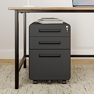 INVIE 3 Drawer Mobile File Cabinet with Lock Under Desk Office Drawers Metal Filing Cabinet for Legal Letter Files Anti-tilt Design Office Rolling File Cabinet Fully Assembled (Black)