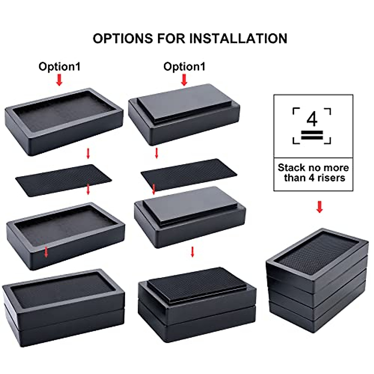 Bed Risers (Set of 4) Lifts Height 1",2",3" or 4",Natural Wood Furniture Heavy Duty Leg Risers Lifts for Sofas Table Desk Chair Couches with Non-Slip Rubber Pad & Non-Slip Recessed Hole (4 Pack Black)