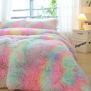 chovy Kids Girls Faux Fur Rainbow Comforter Sets Twin/Full - 3PC Bed Set Soft Warm Comfortable Classical Rabbit Plush Velvet Flannel Fluffy Fuzzy Bedding（Comforter x 1 Pillowcases x 2）