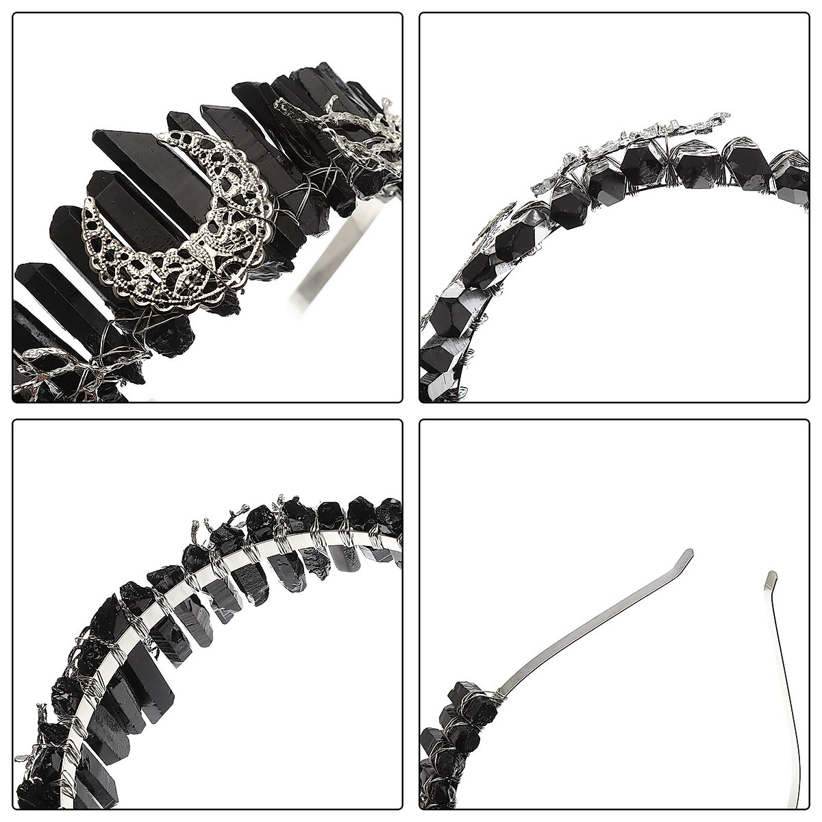 HAIMEIKANG Raw Crystal Quartz Crown Headband Handmade Tiara Natural Stone Headband for Woman Wedding and Parties (Black)