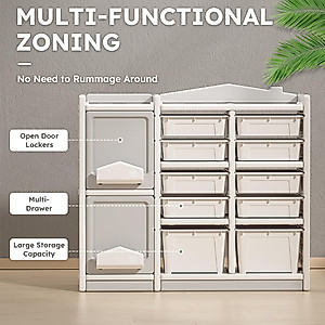 Runboll Toy Storage Organizer Bookshelf Multipurpose Toys Organization Chest with 10 Bins 2 Cabinets and 2 Shelves for School, Bedroom, Playroom or Nursery