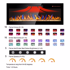 Electric Fireplace 60 Inch, Ultra Thin Wall Mounted Fireplace with 16 Colors Flame & Emberbeds, Wall Fireplace Electric with LED Light Heater and Double Safety Protection Device, Black (60 Inch)