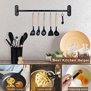 Bayobid silicon kichen utensil set, 27 pieces cooking utensil set, wooden handle non-toxic BPA free kitchn gudget, black silicone kitchen utensils set with high degree of heat resistant with holder.