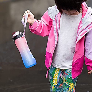 AIDEAMART 24 OZ Motivational Kids Water Bottle With Time Marker,Straw Lid&Chug Lid, Leak Proof, Tritan BPA Free Sports Water Pink-Blue(2 Lid)