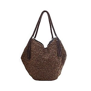 QTKJ Soft Large Straw Shoulder Bag with Brown Charm Leather Tassels, Boho Leather Handle Tote Retro Summer Beach Bag Rattan Handbag (Brown)