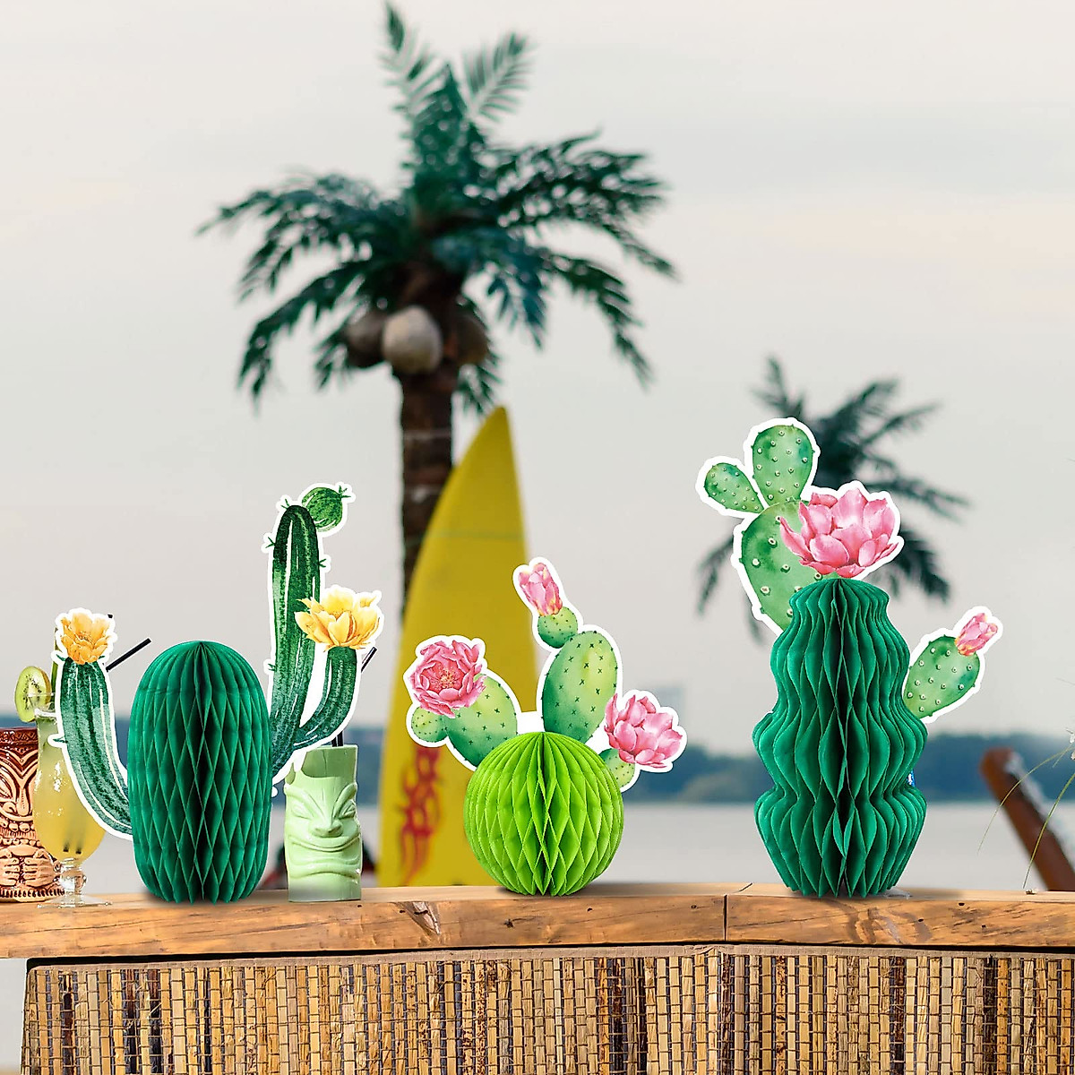 Whaline 6Pcs Cactus Honeycomb Centerpieces Succulent Plants Paper Table Topper Greenery Bloom Theme Summer Party Table Decoration for Birthday Hawaiian Luau Baby Shower Photography, 3 Design