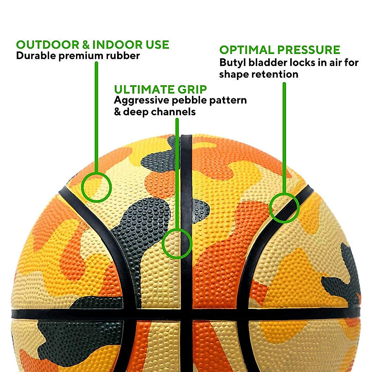 Chance Premium Rubber Outdoor/Indoor Basketball (5 Kids & Youth - 27.5", Pascal - Orange Camo) Standly The Ball Stand