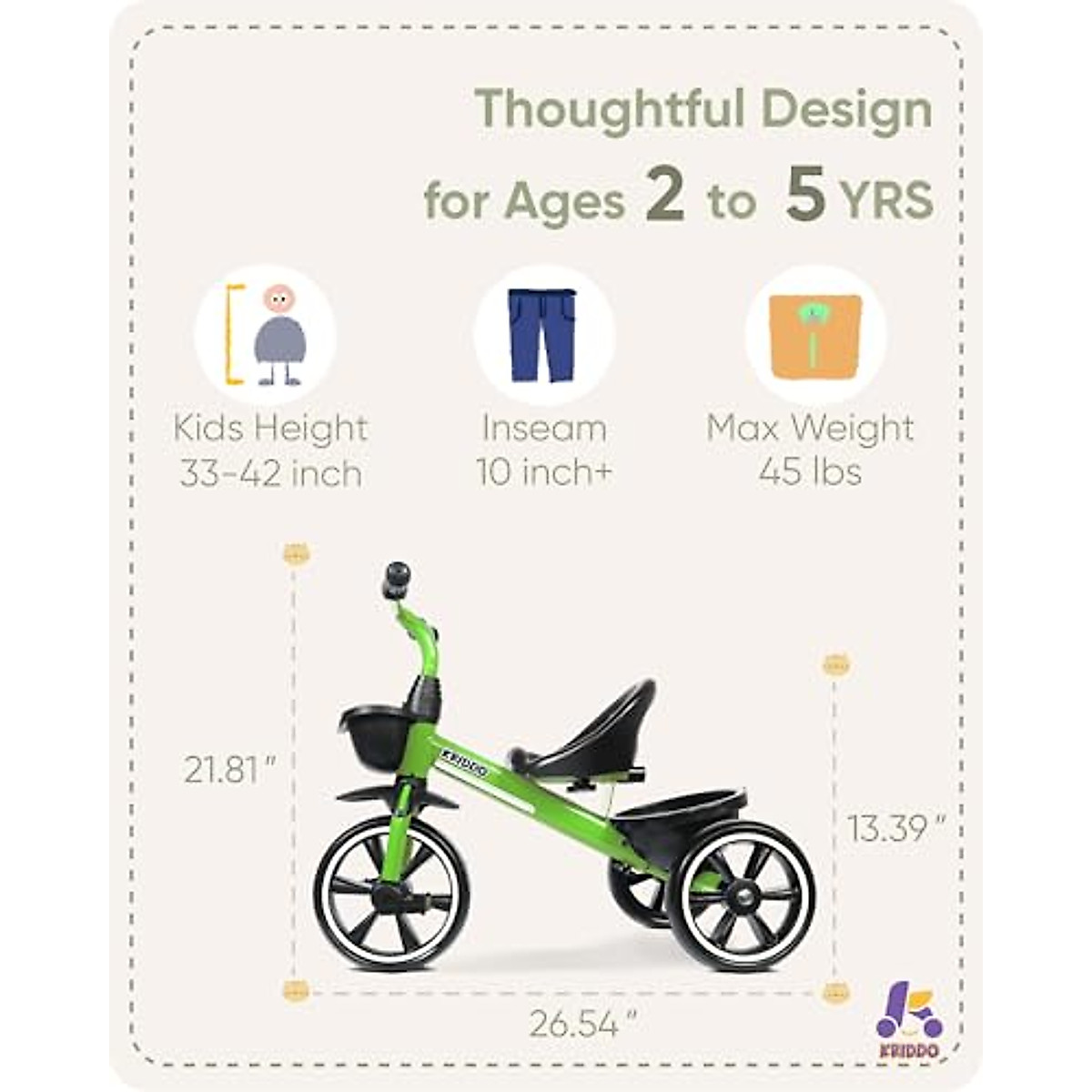 KRIDDO Tricycles Age 24 Month to 4 Years, Toddler Kids Trike for 2.5 to 5 Year Old, Gift for 2-4 Year Olds , Green