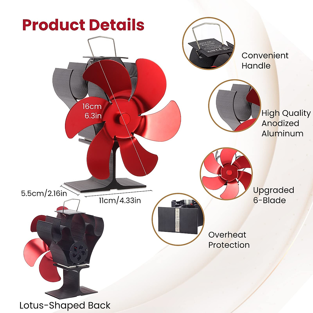 Avoeco Heat Powered Wood Stove Fan, Fireplace Fan for Wood Burning Stove, Red Blade, Circulating Warm Air, Heat Activated Fan for Wood Burning/Gas/Pellet/Log Burner/Fireplace, Wood Stove Accessories