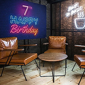 Glow Neon Happy 7th Birthday Backdrop Banner Decor Black – Colorful Glowing 7 Years Old Birthday Party Theme Decorations for Boys Girls Supplies