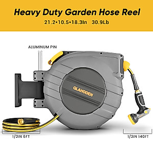 GLAHODEN Retractable Garden Hose Reel, 5/8in x 100ft+6ft 2 Year Anti-fading Water Hose Reel, Patented Design for Any Length Lock Slow Return System Increase Flow Rate By 20% Hose Reel Wall Mount