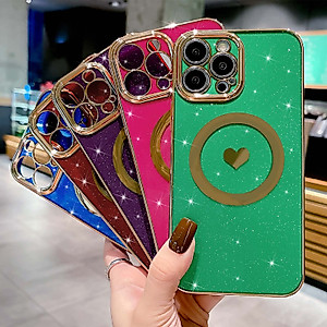 MGQILING Compatible with iPhone 13 Pro Max Magnetic Glitter Case-6.7 Inch, Luxury Love Heart Pattern Plating Case, Compatible with MagSafe for Women Girls Shockproof Back Cover-Hot Pink