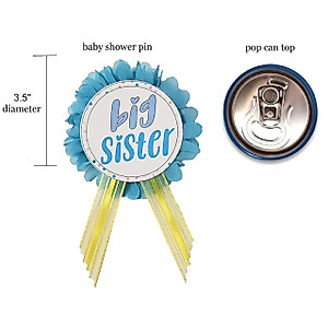 Big Sister Badge Pin Baby Shower Blue Chiffon flower & Yellow ribbons for the new sister to wear at Baby Shower, Baby Sprinkle