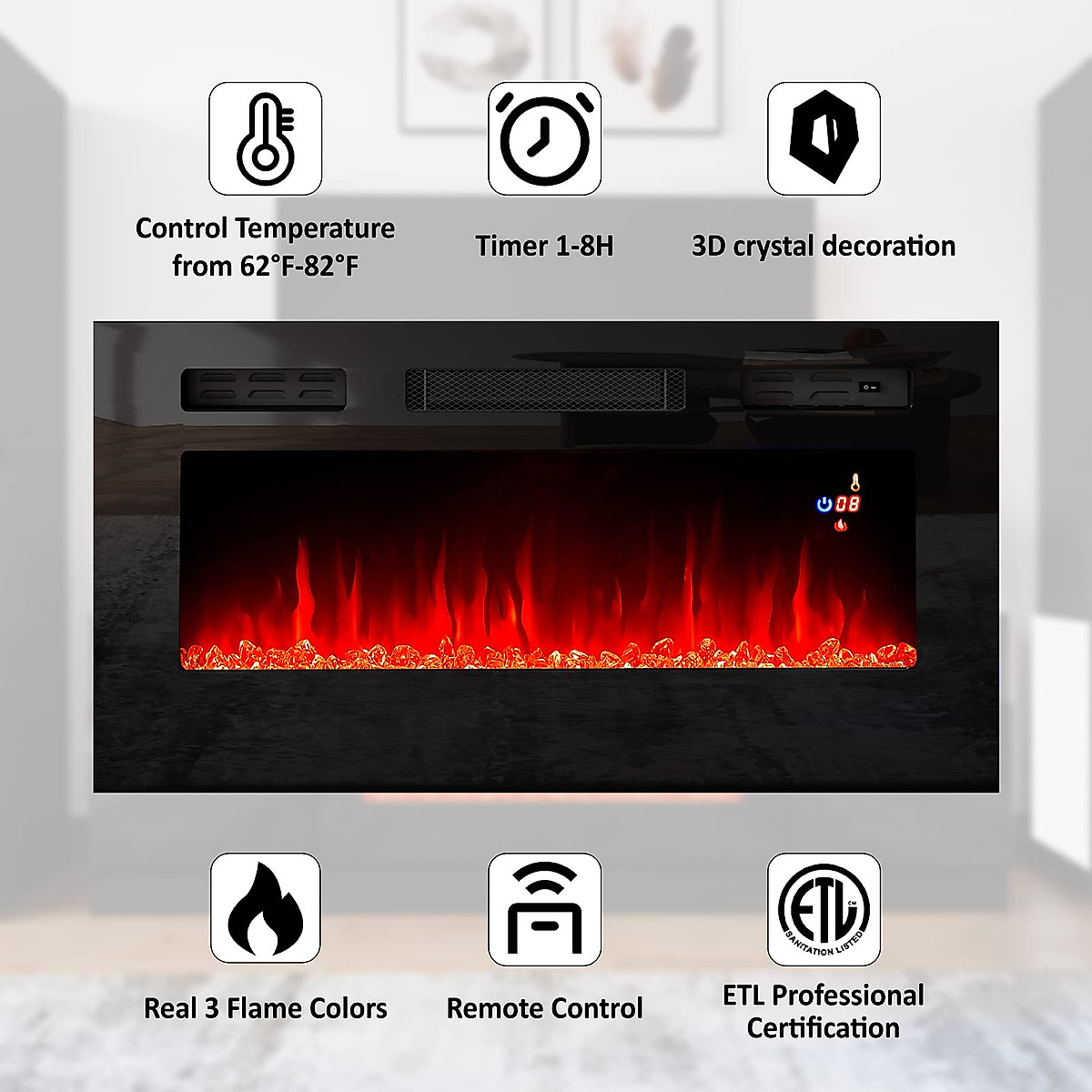 AMERLIFE Fireplace Entertainment Center Set, Includes 70" Fireplace TV Stand & 2 LED Highgloss Bookcases, Modern Storage Cabinets for TVs up to 80", Black