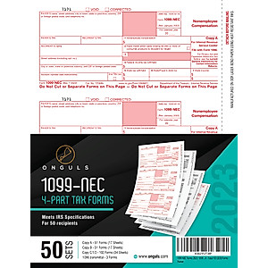 1099 NEC Forms 2023, 1099 NEC Laser Forms IRS Approved Designed for Quickbooks and Accounting Software 2023, 4 Part Tax Forms Kit, 50 Vendor Kit - Total 71 (207) Forms