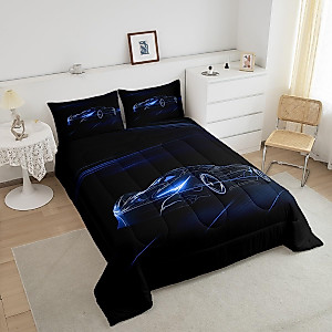 Feelyou Blue Race Car Bedding Set Full Size for Kids Boys Extreme Sport Games Comforter Set Teens Toddler Fast and Furious Duvet Set Cool Modern Quilt Set 3Pcs