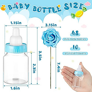 Jinei 48 Pcs Mini Baby Bottles Baby Shower Favor 3.5 Inch Clear Plastic Baby Bottle Candy Box with 10 Artificial Flower Newborn Baby Shower Gifts for Guests Baby Shower Favor Gift Decoration (Blue)